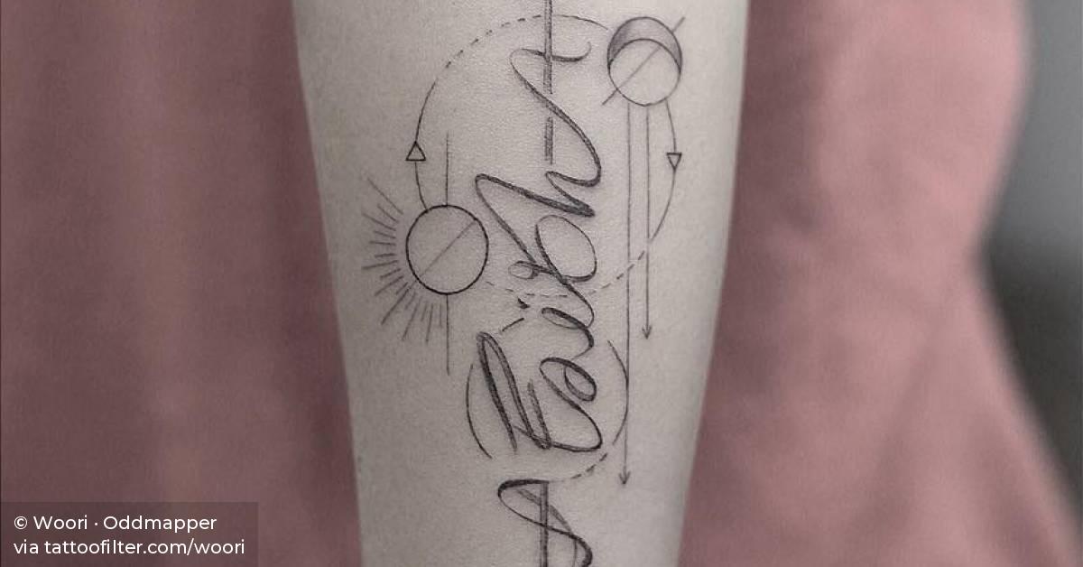 Fine line style 'Faith' arrow tattoo on the left