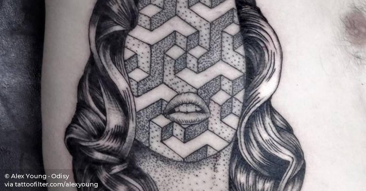Surrealist geometric woman portrait tattoo on the right