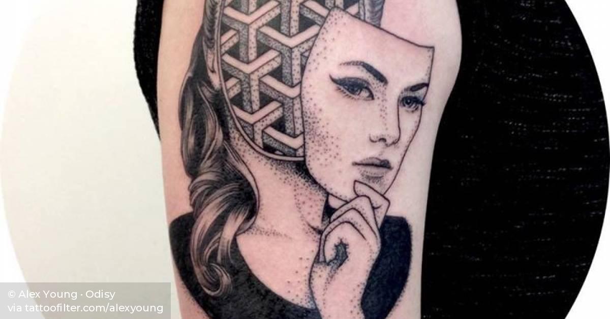 Surrealist woman portrait tattoo on the right upper