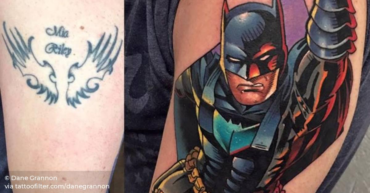 Before and after. Batman cover up tattoo on the left