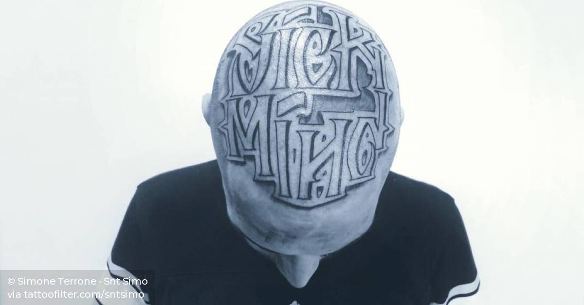 "Sick mind" lettering tattoo on the head.