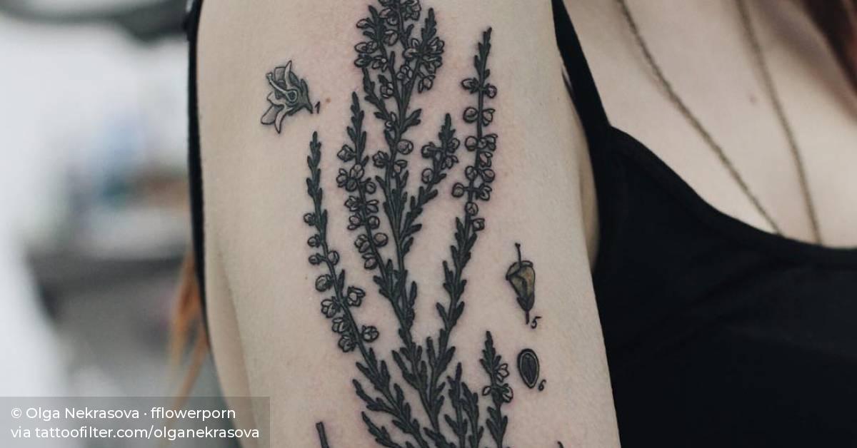 Illustrative heather tattoo on the right upper arm.