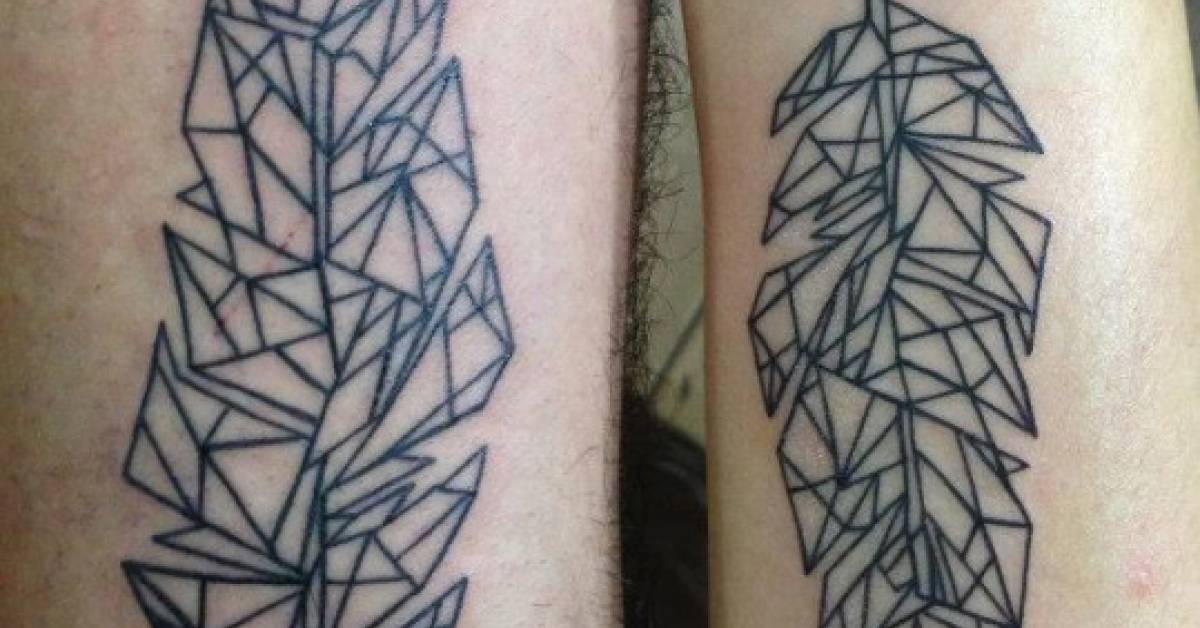 Matching polygon feather tattoos. By Cüneyt Kolata.