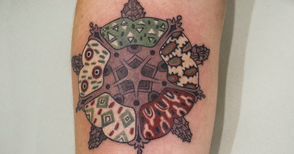 Ornamental mandala tattoo on the right inner forearm.