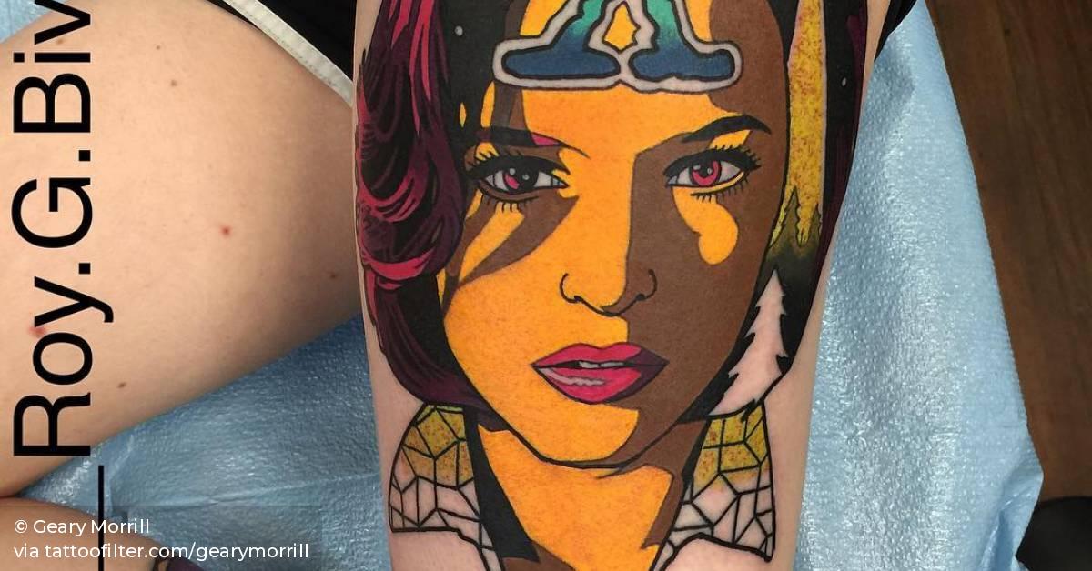Pop Art style Dana Scully portrait tattoo on the left