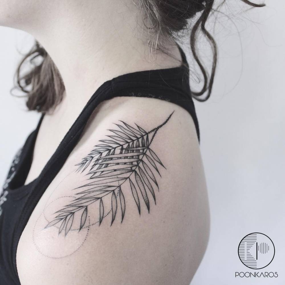 Palm Leaf Tattoo On The Left Shoulder 