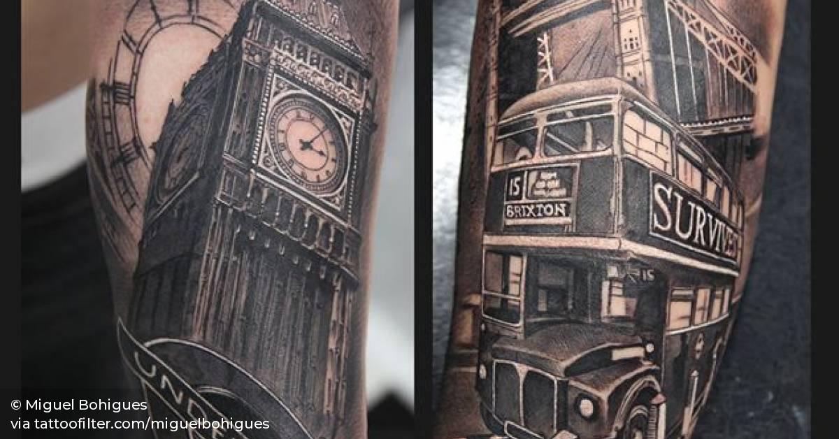 London inspired black and grey style forearm tattoos.