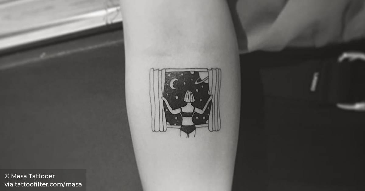 Woman looking through the window tattoo.