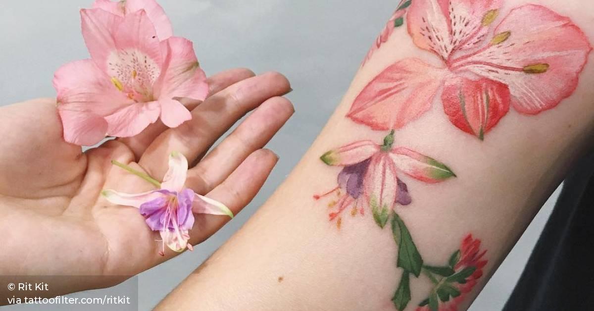 Alstroemeria, fuchsia and chrysanthemum tattoos on the
