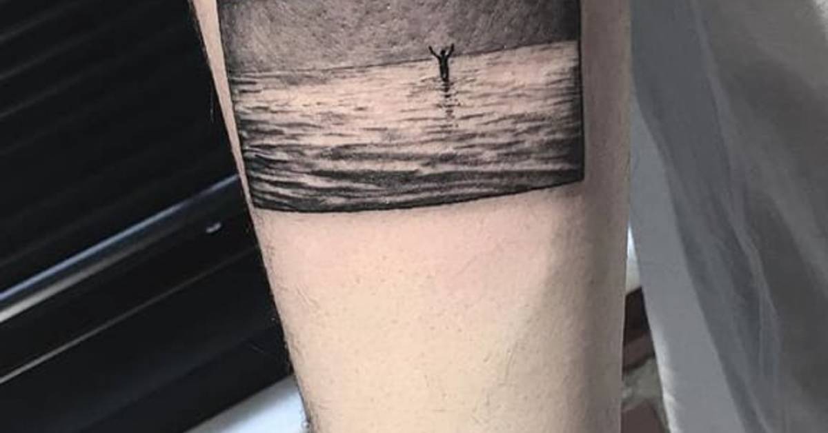 Fine line style beach landscape tattoo on the inner