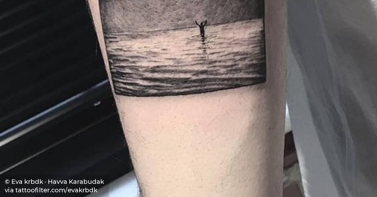 Fine line style beach landscape tattoo on the inner