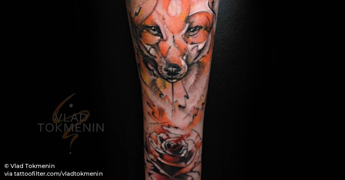 Sketch work style fox and rose tattoo on the right