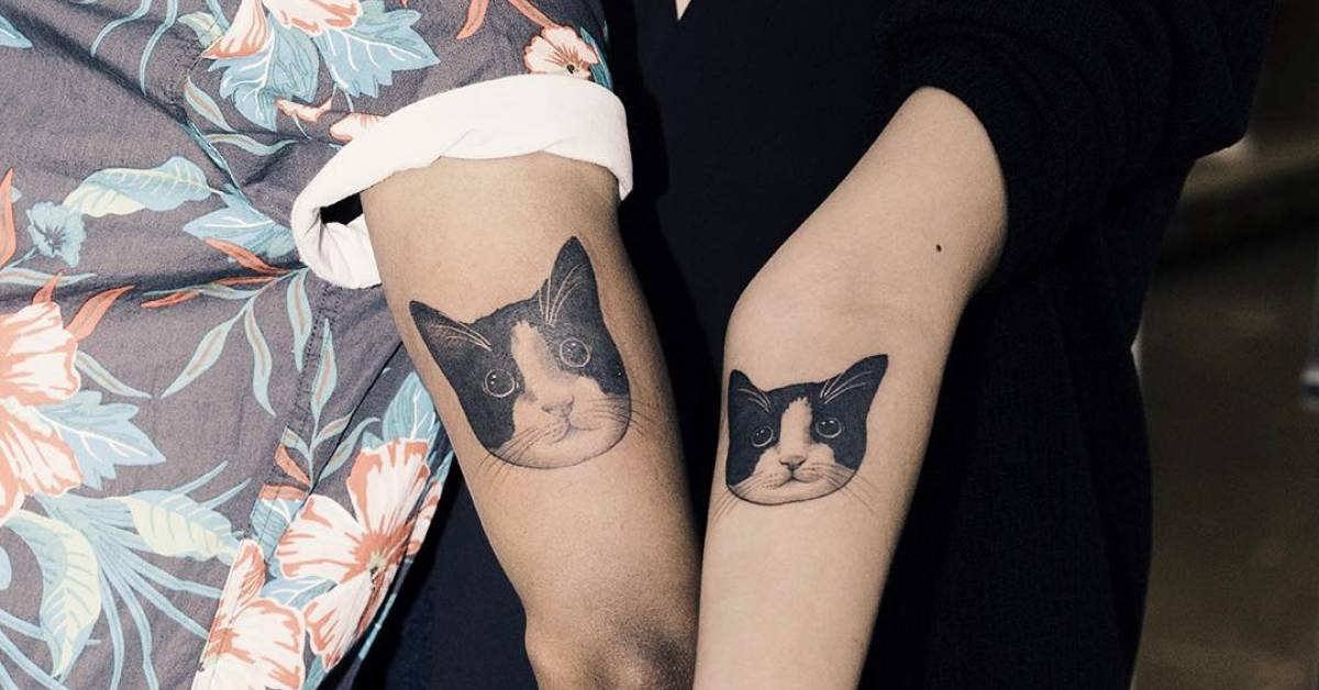Illustrative matching cat portrait tattoo.