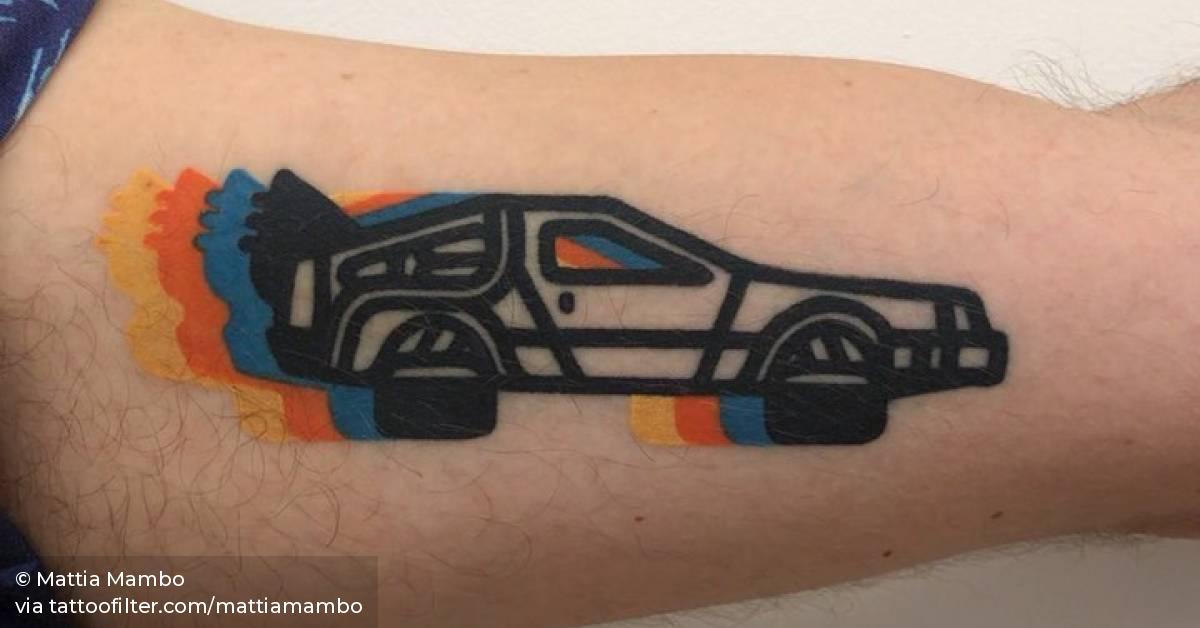 Healed DeLorean DMC-12 tattoo from Back to the Future.