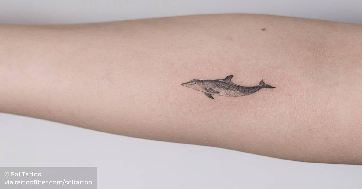 Fine line dolphin tattoo on the right inner forearm.