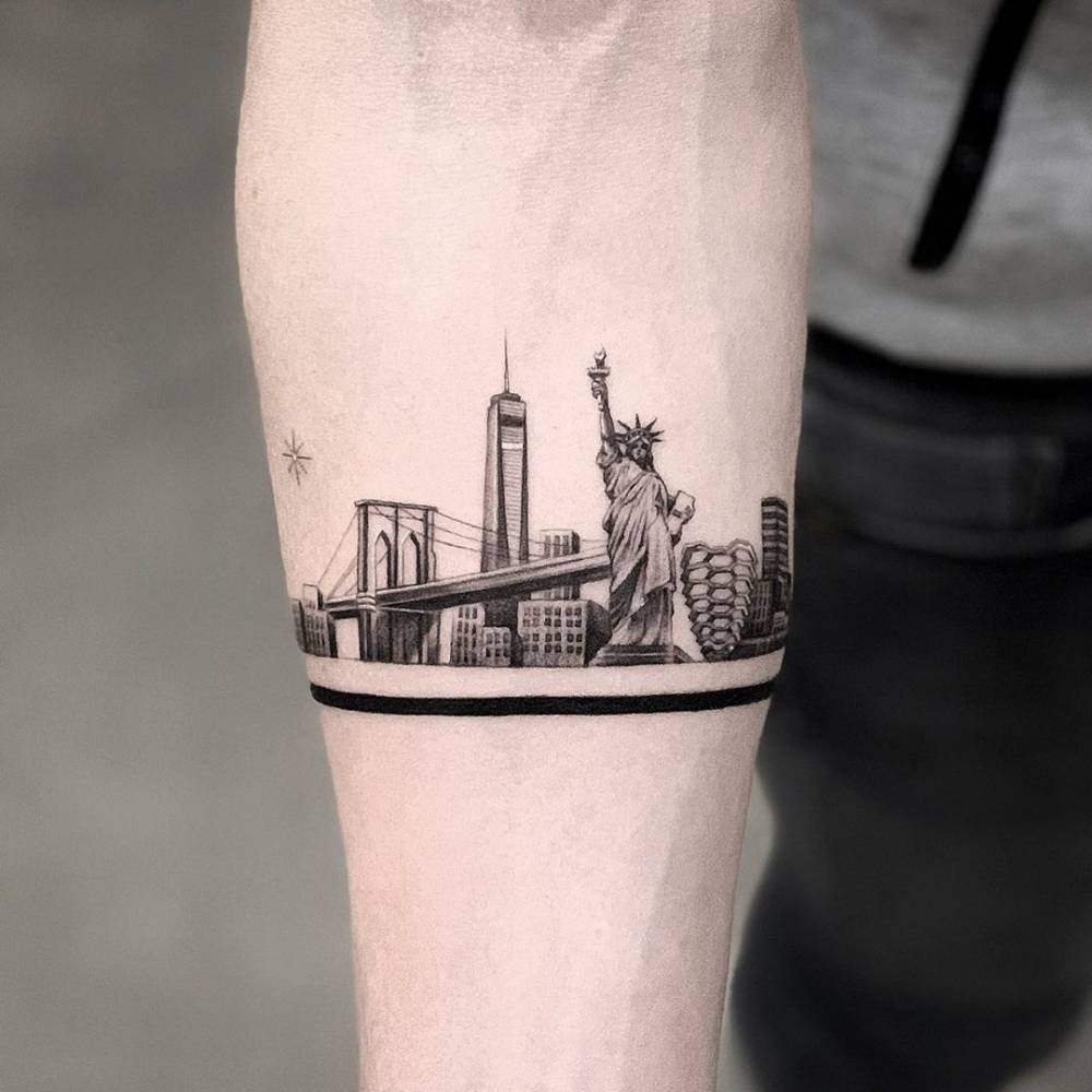 Single Needle NY Skyline Tattoo On The Inner Forearm 