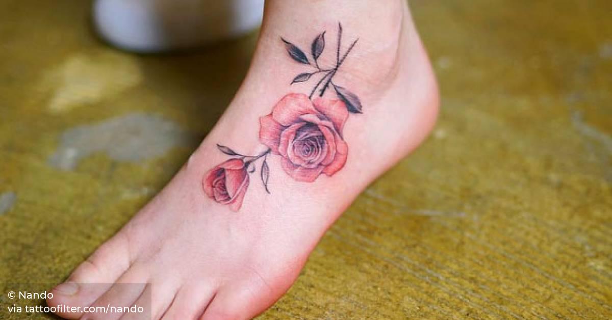 Red rose tattoo on the left foot.