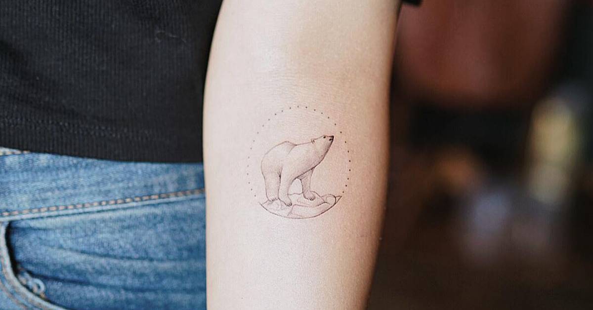 Fine line polar bear tattoo on the left inner forearm.