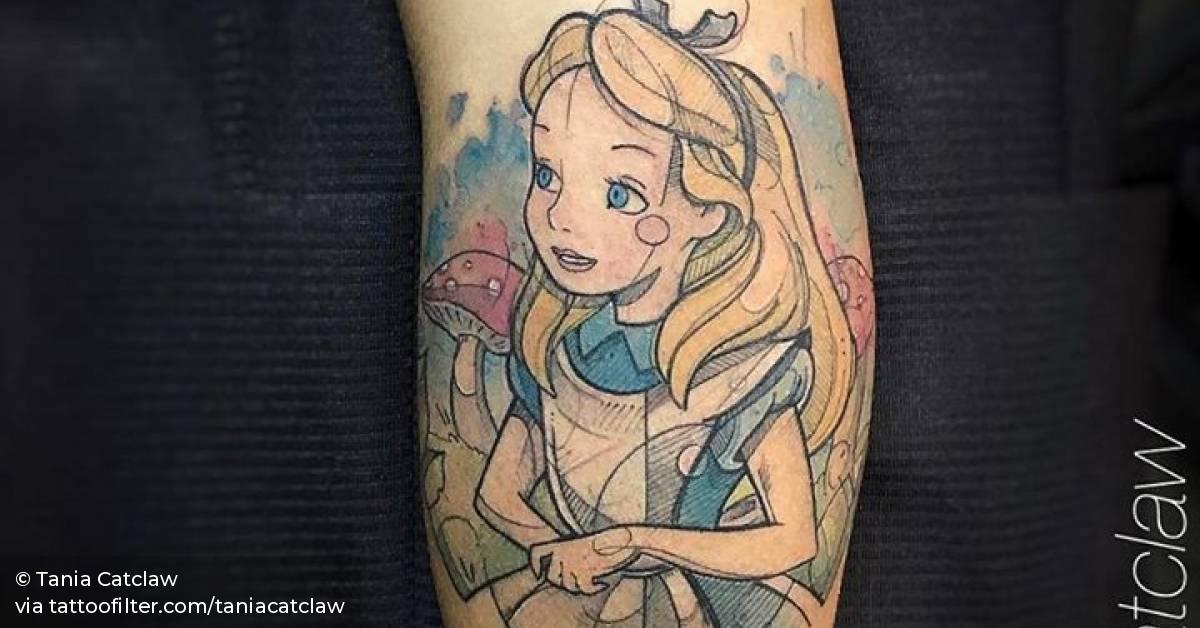 Sketch work Alice In Wonderland tattoo on the right