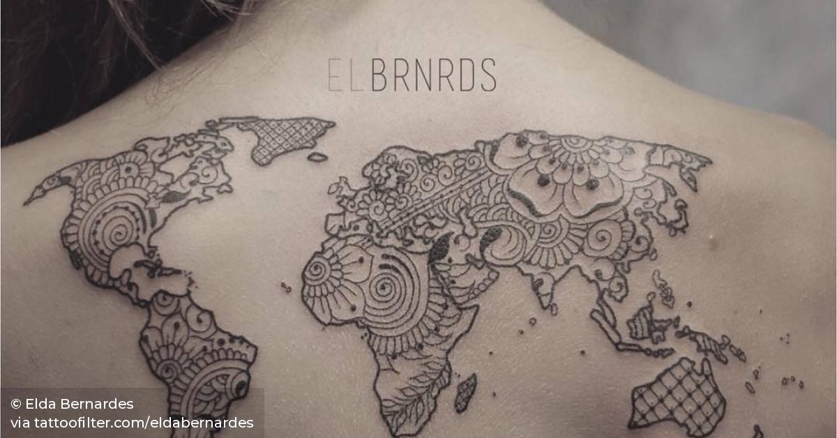 Ornamental style world map on the upper back.