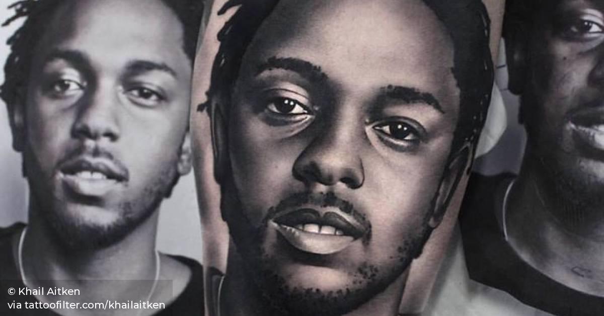 Kendrick Lamar portrait tattoo on the left calf.