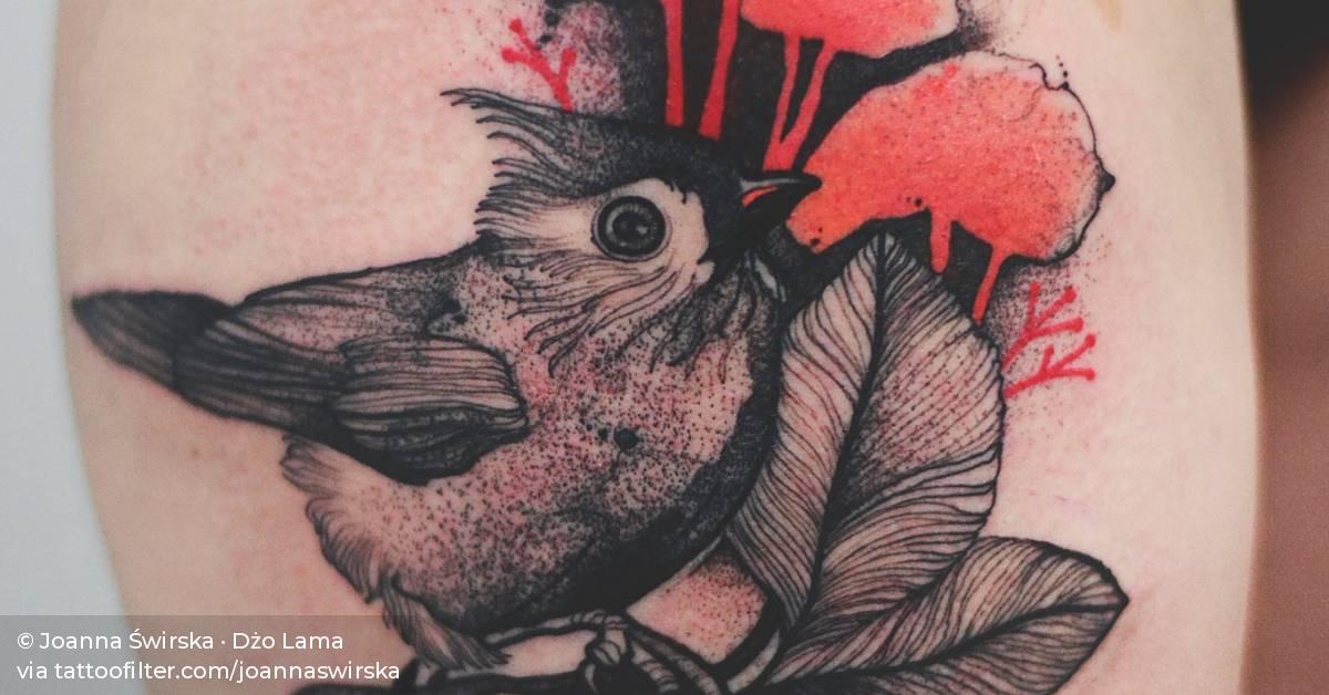 Tufted Titmouse tattoo on the right thigh.