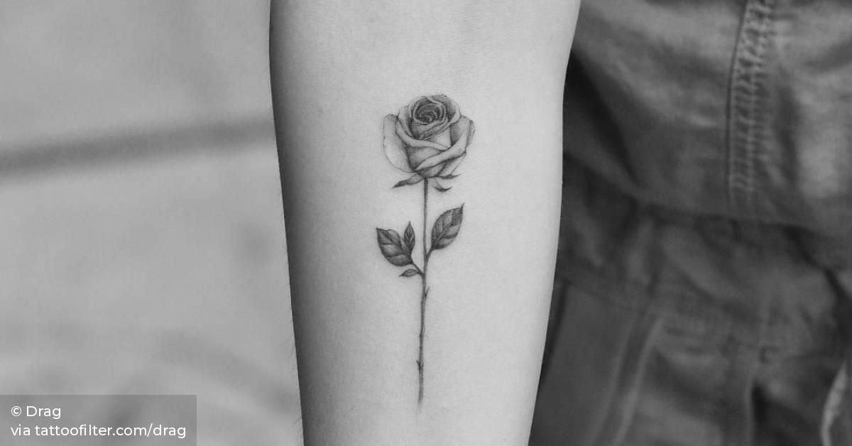Fine line rose tattoo on the right inner forearm.