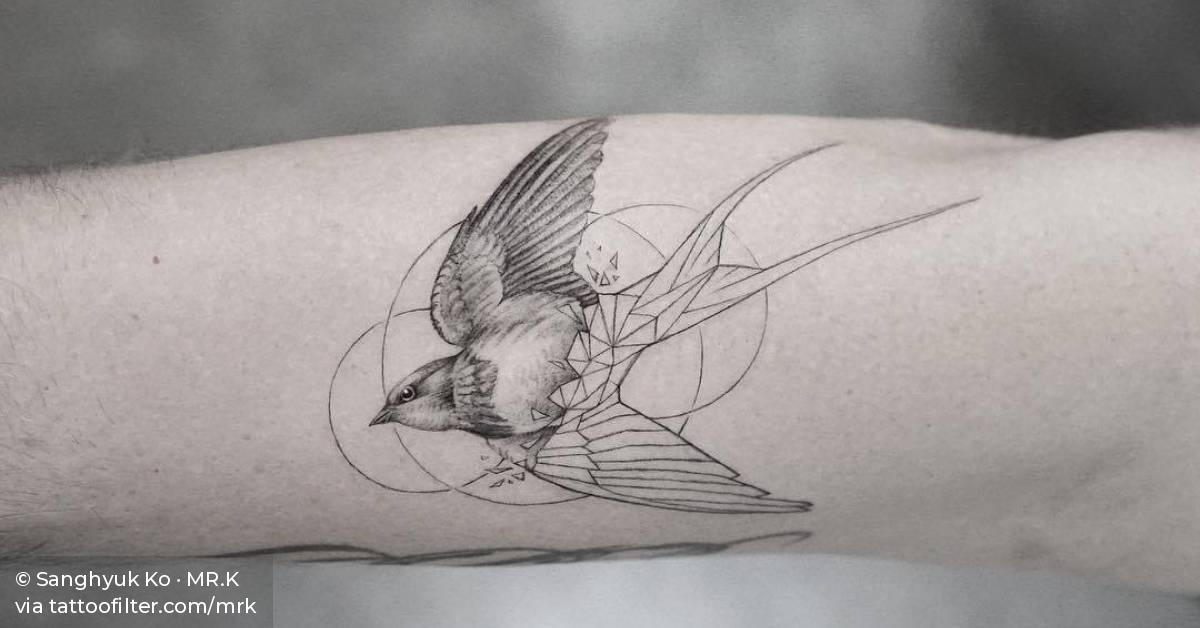 Single needle style half low poly swallow tattoo on the
