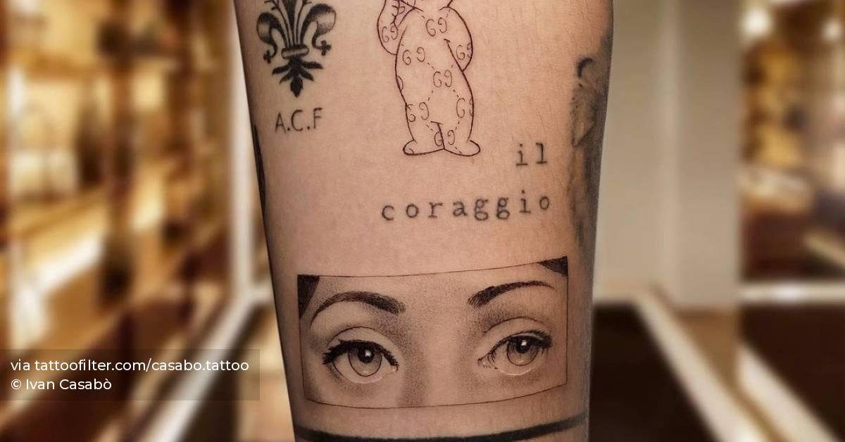 Gucci Casper and Fornasetti tattoos on inner forearm