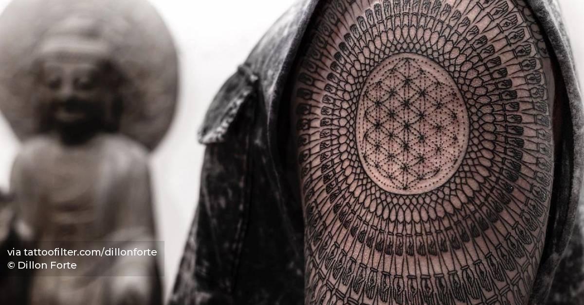 Thousand arms of compassion mandala tattoo on the upper