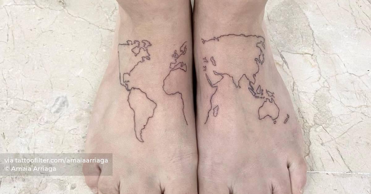 Fine line world map individual matching tattoo