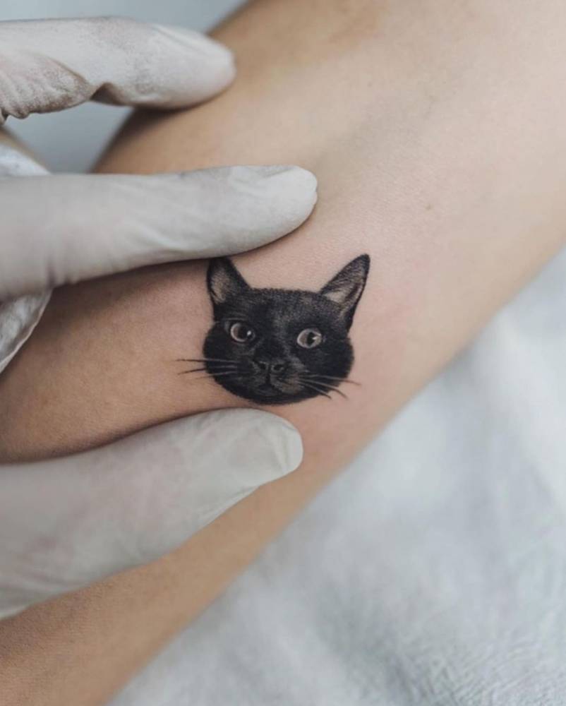Micro realistic Black Cat Portrait Tattoo