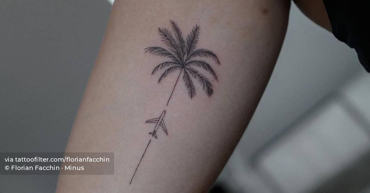 Fine line palm tree and plane tattoo on the inner arm