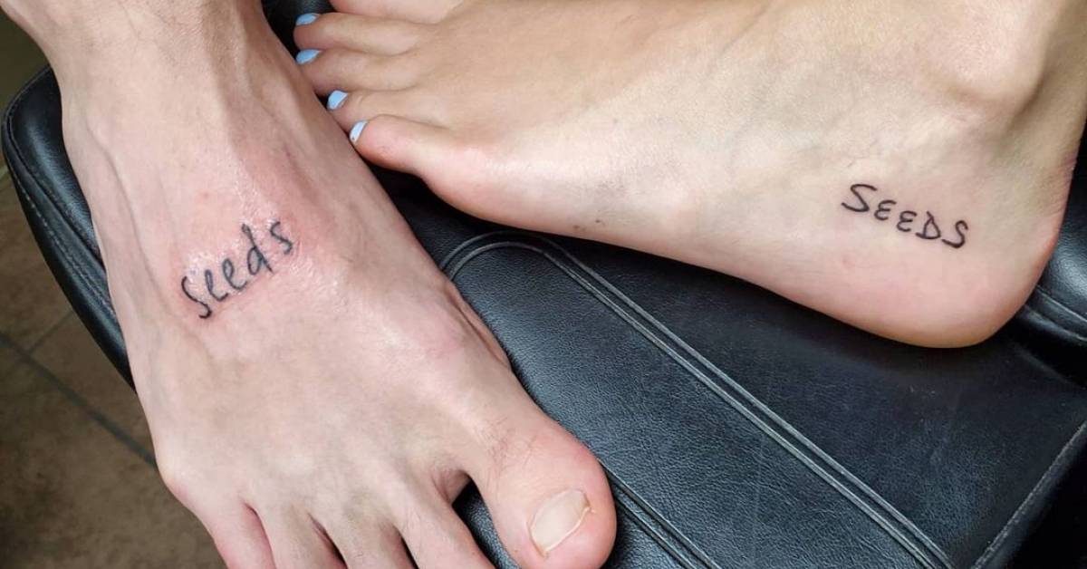 "Seeds" lettering matching couple tattoo on Halsey and