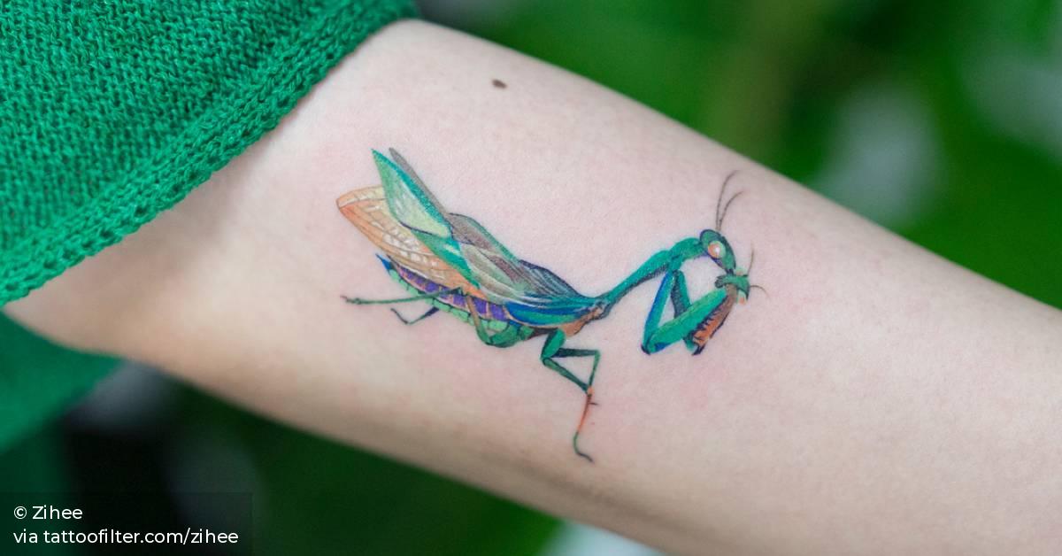 Mantis tattoo on the left inner forearm.