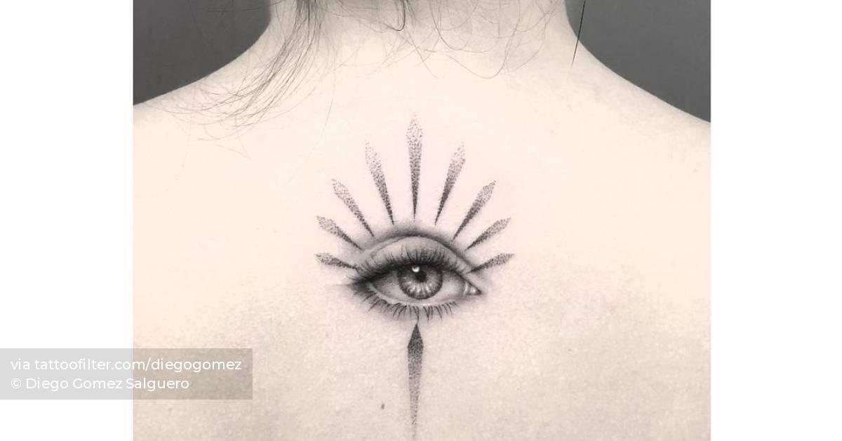 Micro-realistic eye tattoo on the upper back