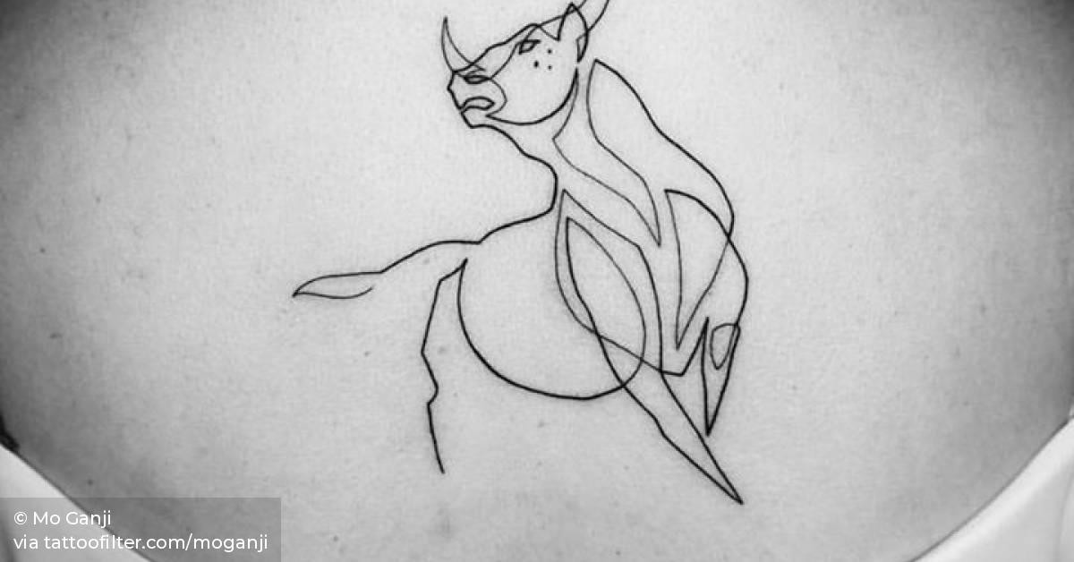 Continuous line bull tattoo on the upper back.