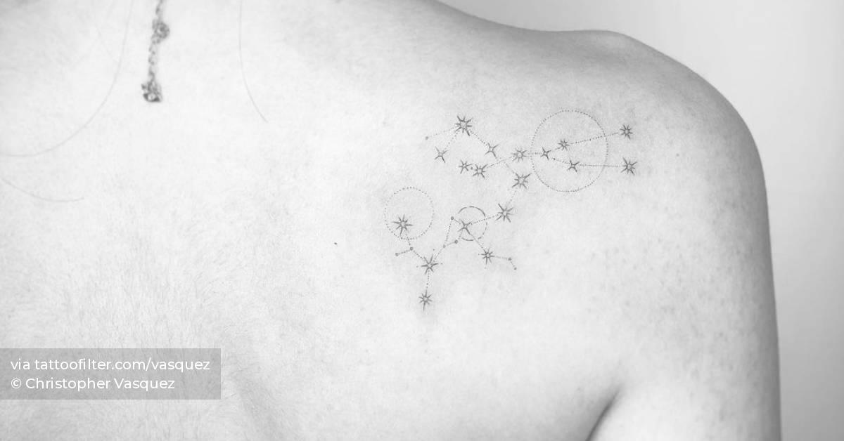 Fine line Sagittarius and Aries constellations tattooed