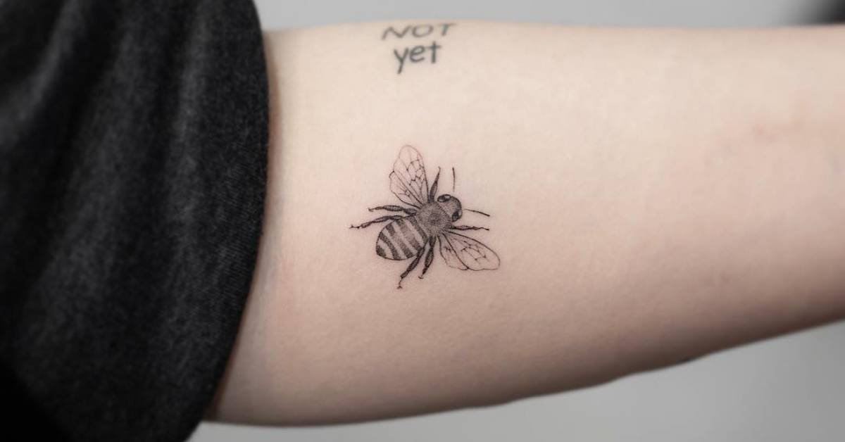 Fine line bee tattoo on the inner forearm
