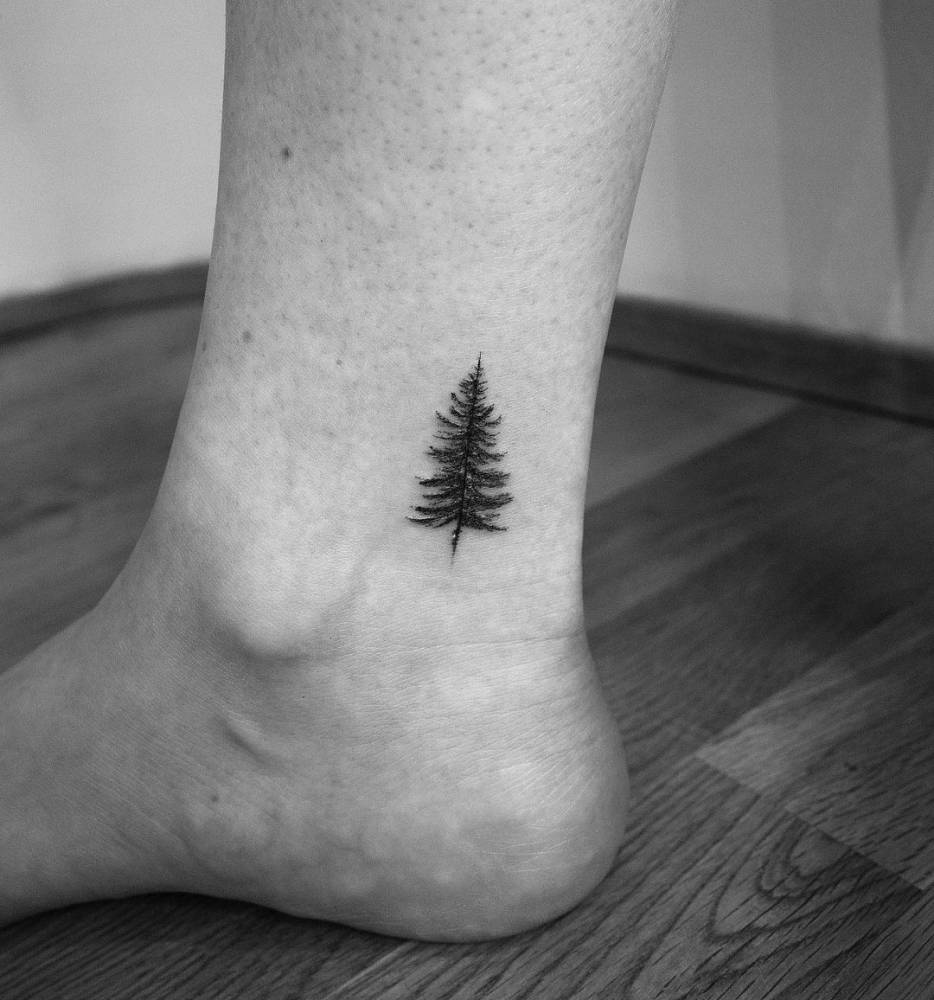 Micro realistic Pine Tree Tattoo On The Ankle 