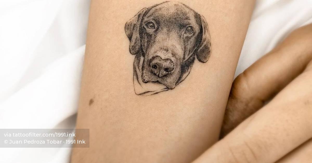 Micro-realistic Pointer portrait tattoo on the inner