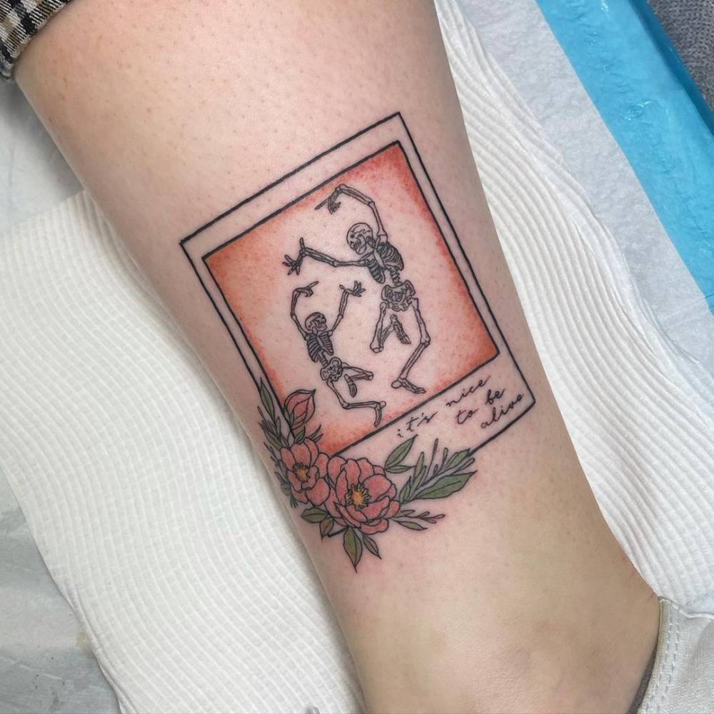 Dancing Skeletons Tattoo On The Shin Dancing Skeletons Tattoo On The Shin