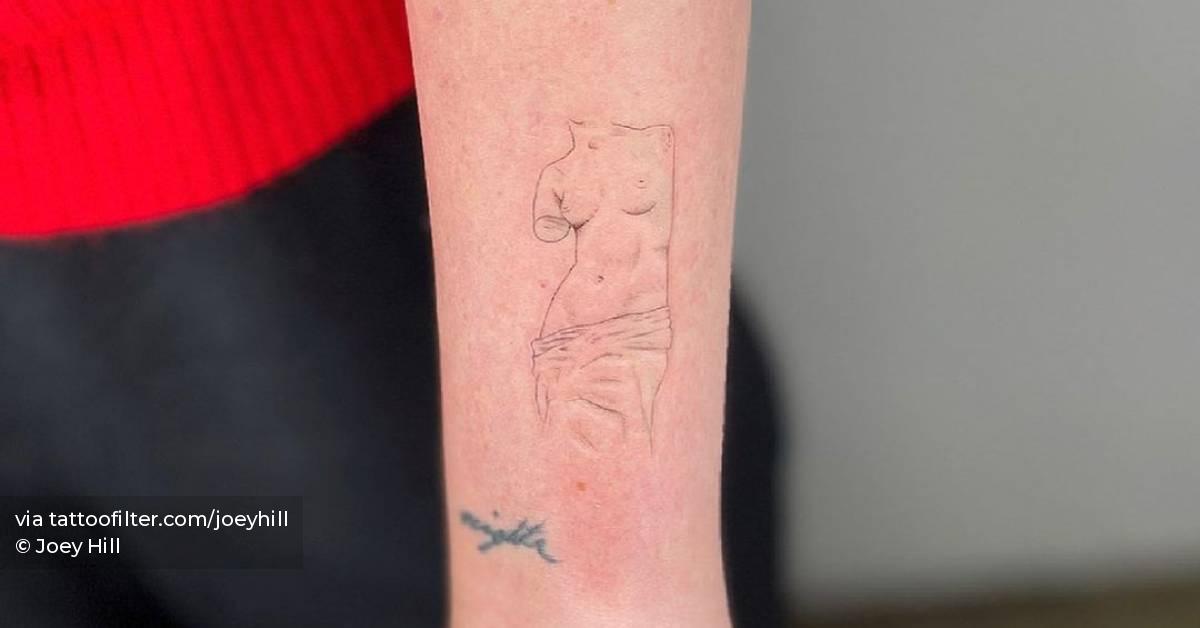 Single needle Venus de Milo tattoo on the forearm.