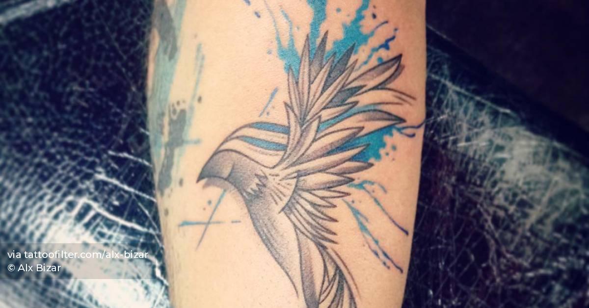 Phoenix tattoo on the calf.