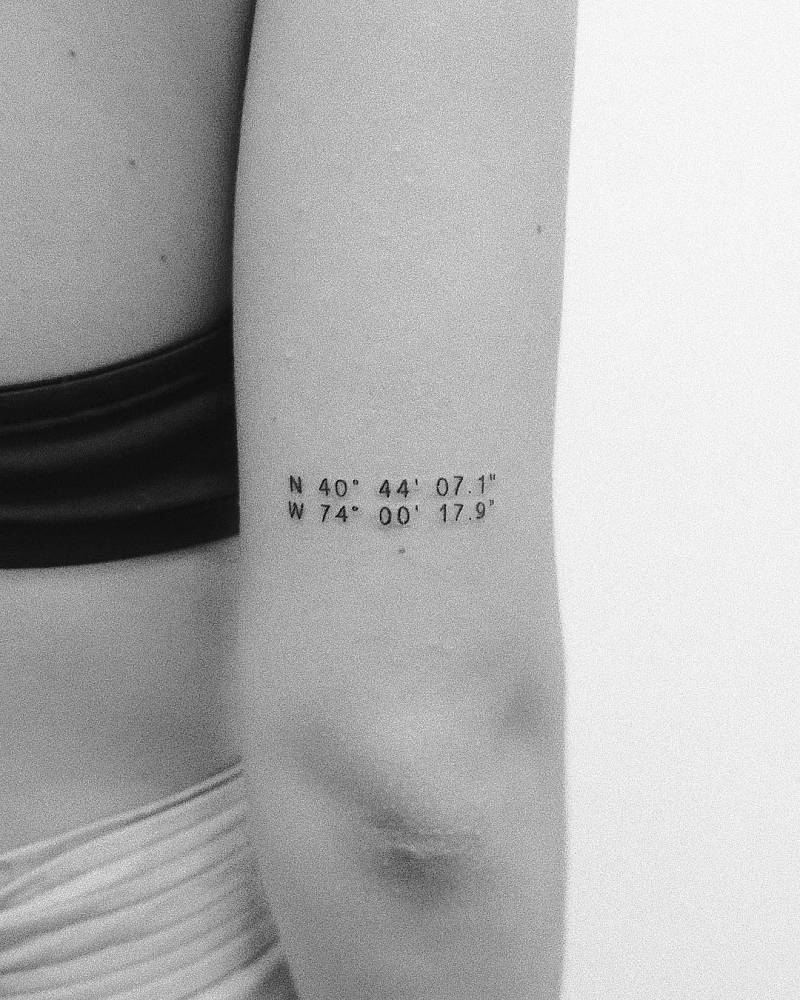 Coordinates Lettering Tattoo On The Tricep 