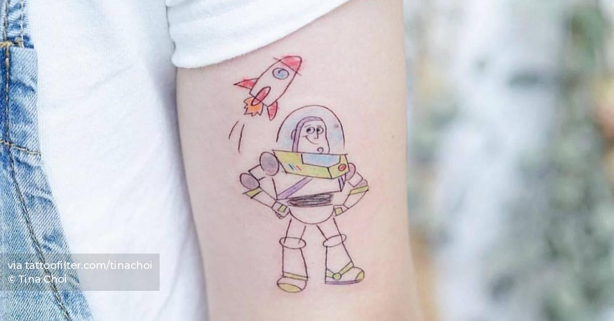 Buzz Lightyear tattoo on the tricep.