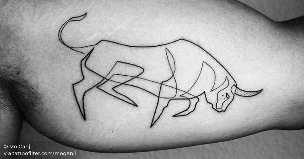 Right inner arm tattoo of a bull using a single