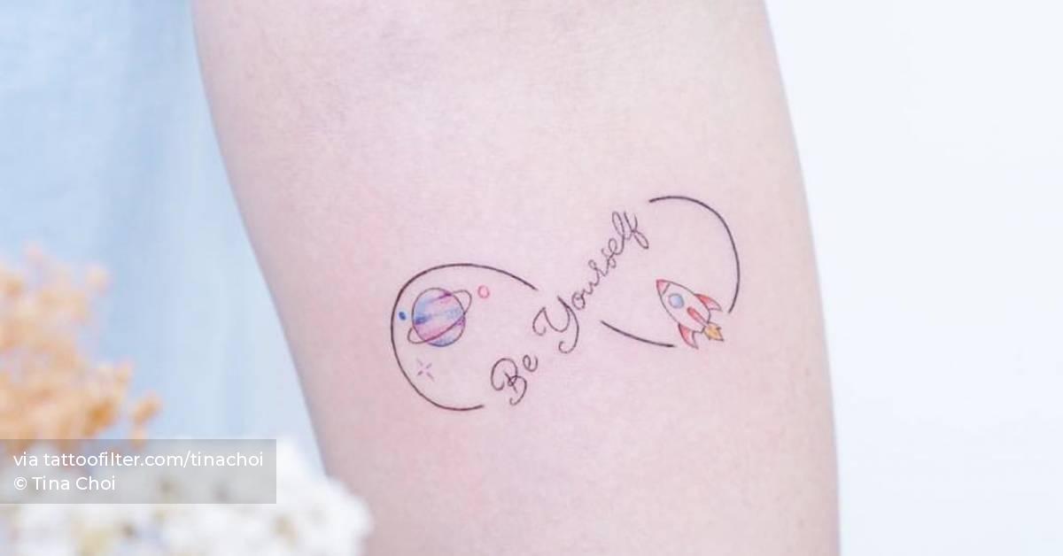 "Be yourself" and infinity symbol tattoo on the inner