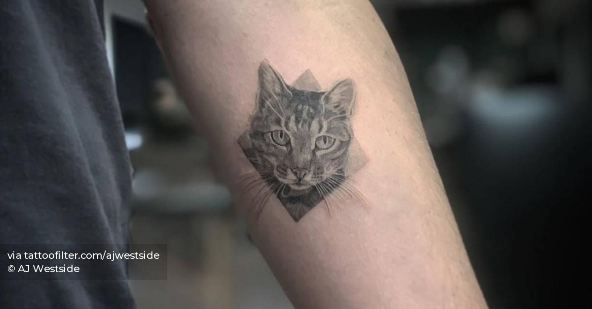Micro-realistic cat portrait tattoo on the inner