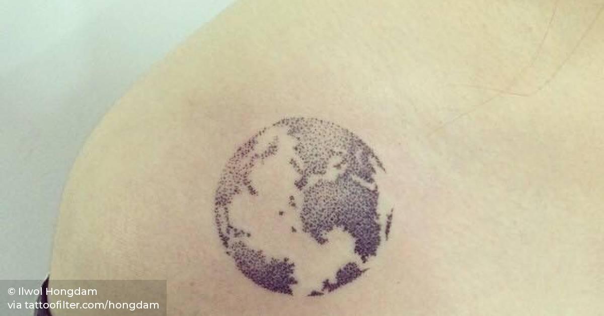Dotwork style planet earth on the right shoulder.